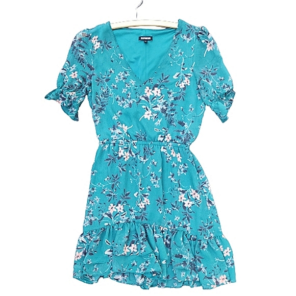 Express | Dresses | Express Green Pink Floral Ruffle Puff Sleeve ...